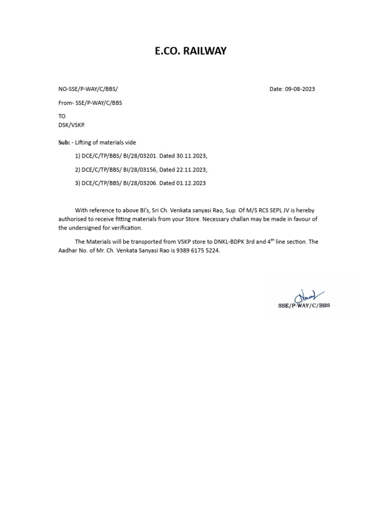 Material Lifting Authorised Letter | PDF