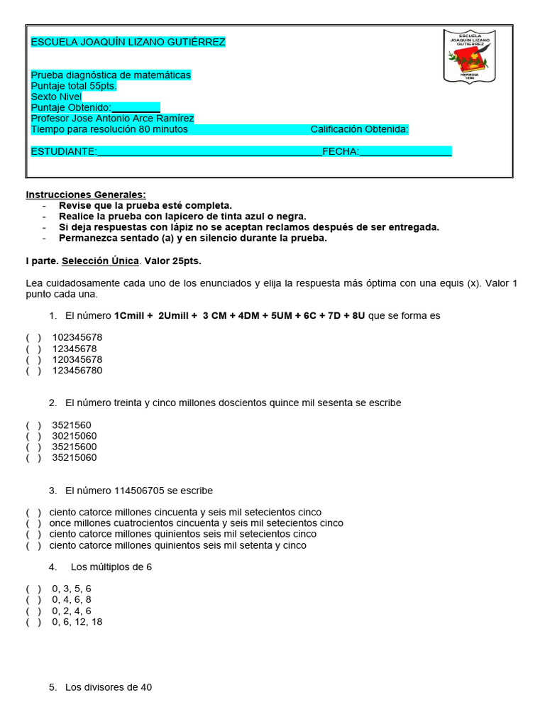 Ejemplo de Prueba Diagnóstica | PDF | Aritmética | Matemáticas