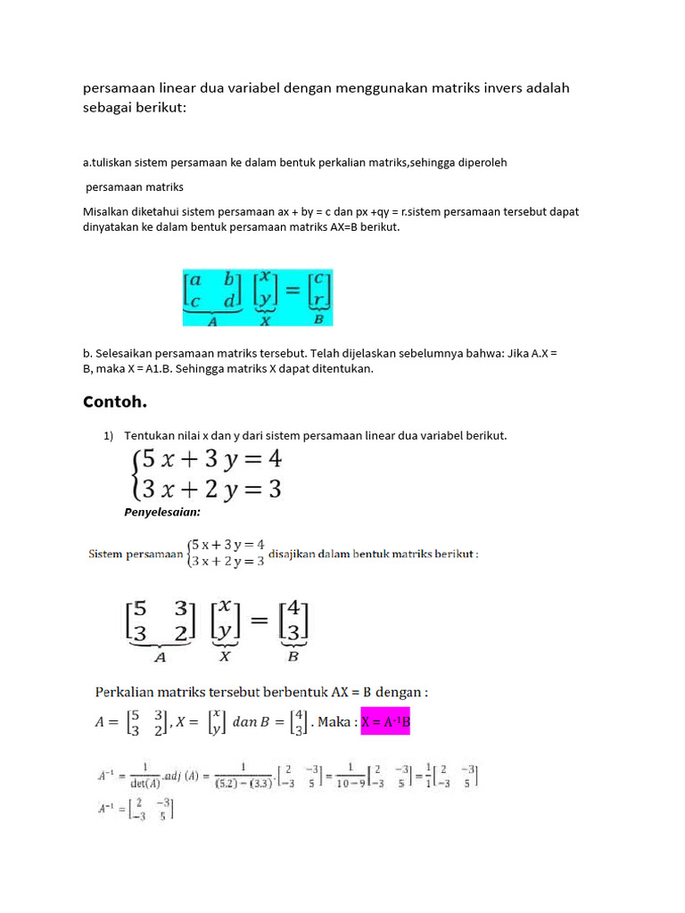Persamaan Linear Dua Variabel Dengan Menggunakan Matriks Invers Adalah ...