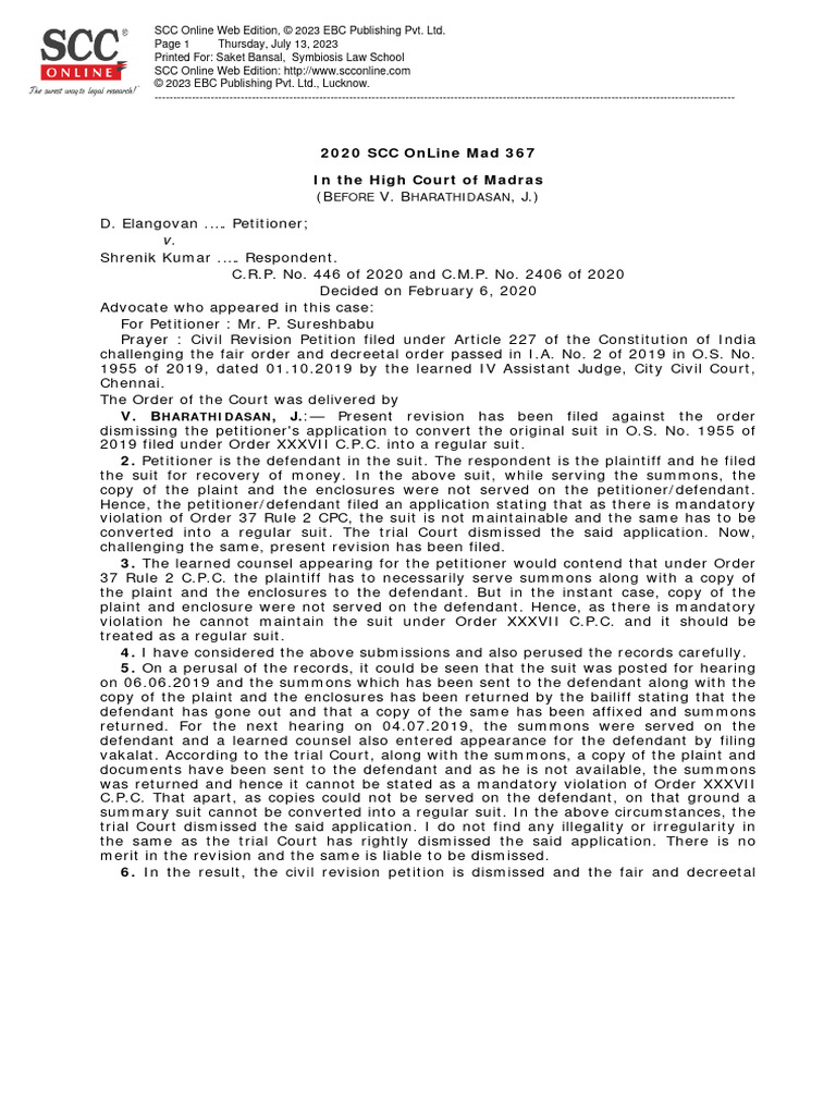 D. Elangovan v. Shrenik Kumar, 2020 SCC OnLine Mad 367 | PDF | Lawsuit | Summons