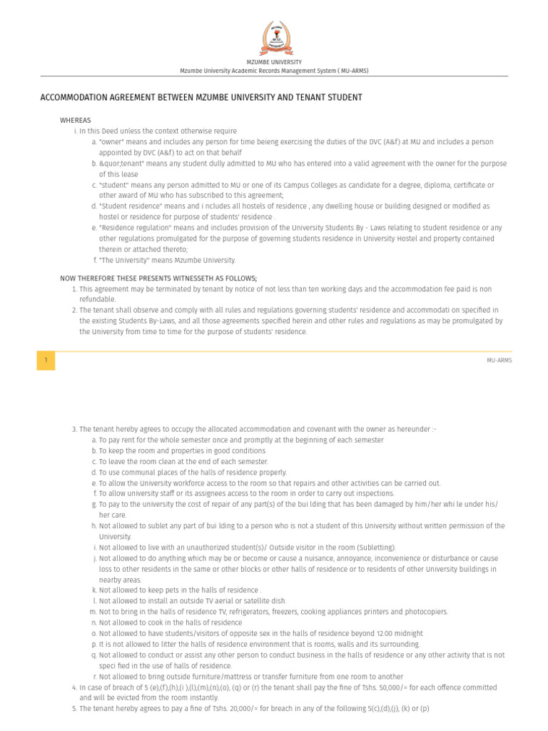 Mzumbe University Accommodation Agreement | PDF | Leasehold Estate ...
