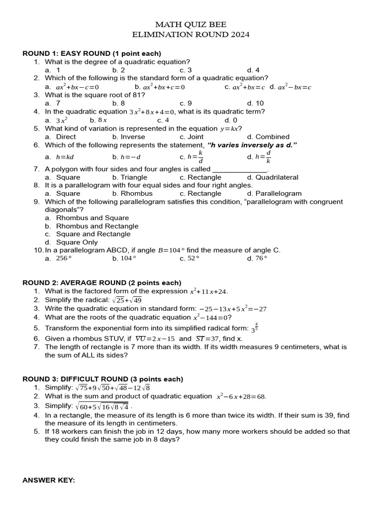 Math Quiz Bee Elimination Round 2024 | PDF | Rectangle | Elementary ...