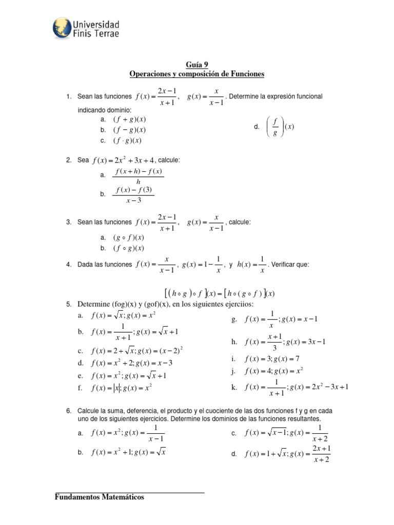 Guia 9 Operaciones y Composición de Funciones Con Solución | PDF | Matemáticas | Análisis matemático