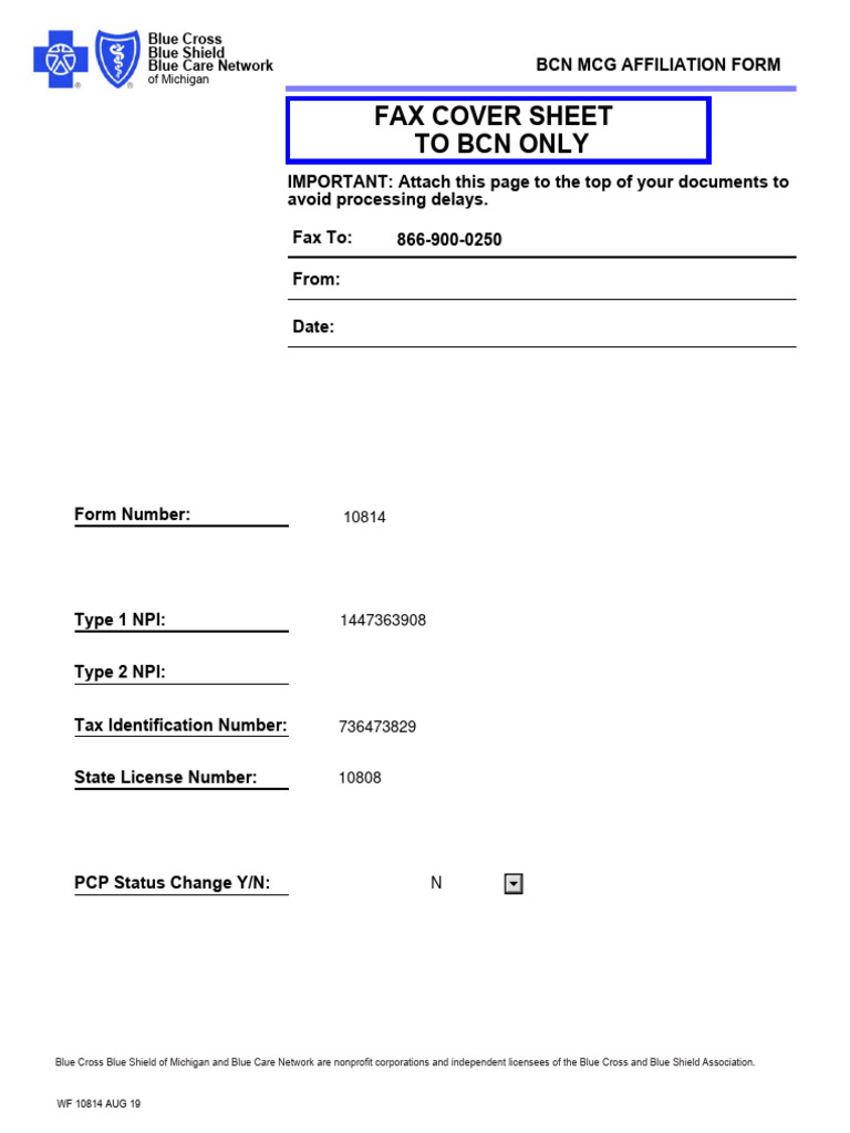 BCN MCG Affiliation Form | PDF | Blue Cross Blue Shield Association ...