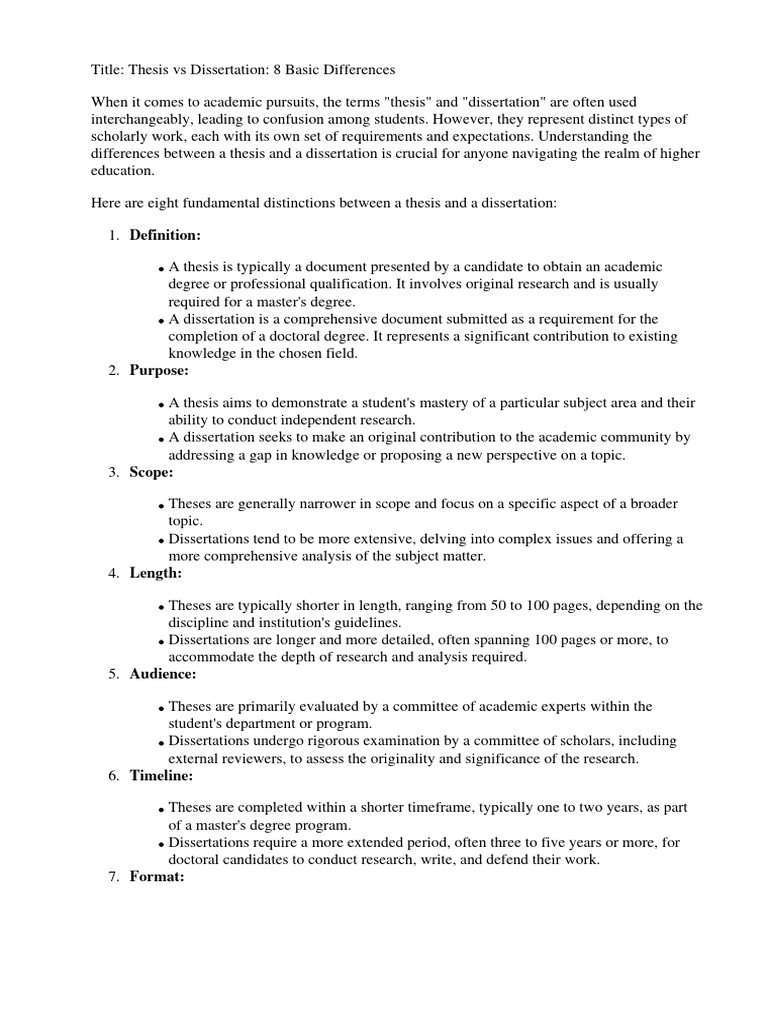 Thesis Vs Dissertation 8 Basic Differences | PDF | Thesis | Doctor Of Philosophy