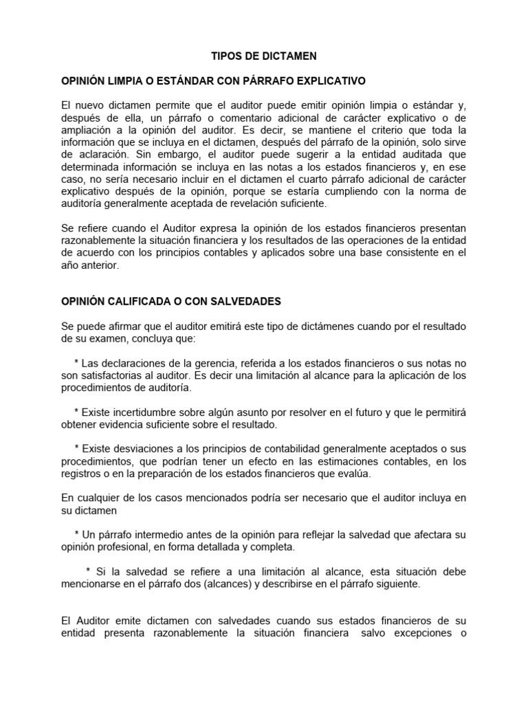 Tipos de Dictamen en Auditoría Financiera | PDF | Auditoría | Contralor