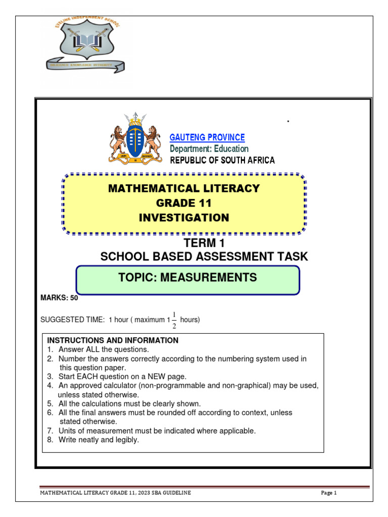 Grade 11 Maths Literacy SBA Guidelines | PDF | Area | Volume