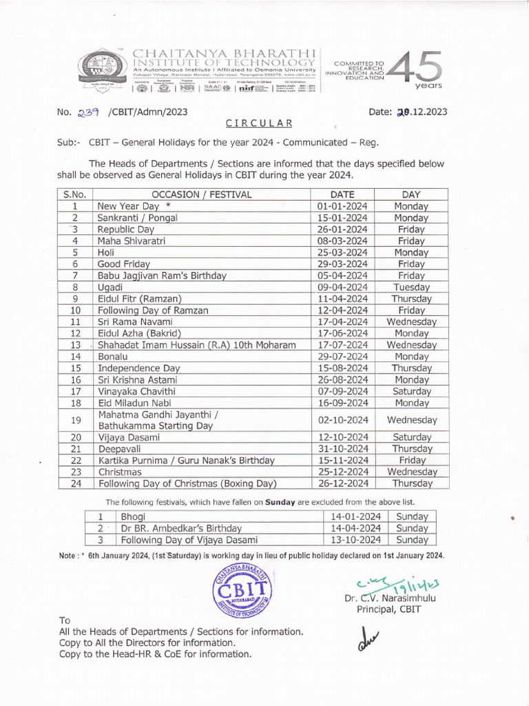 Circular Reg. List of General Holidays For The Year 2024 20.12.2023 | PDF