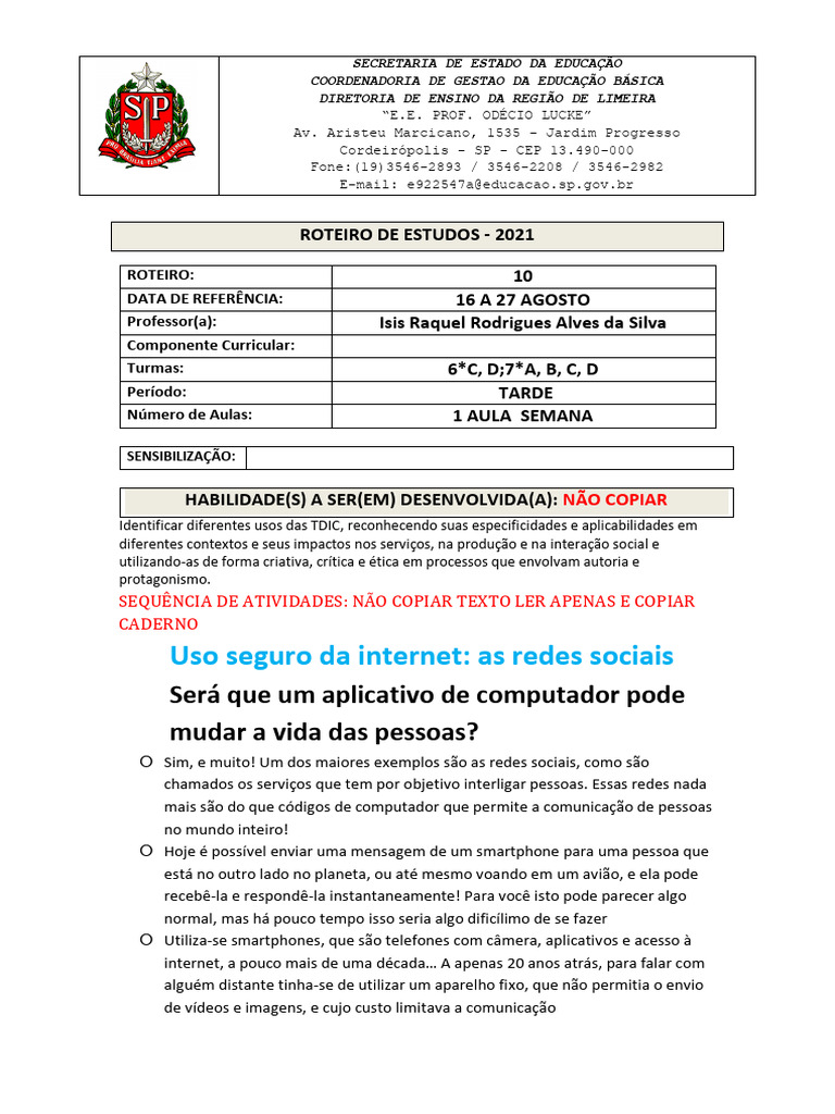 ROTEIRO TECN 16 A 27 AGOSTO | PDF | Rede de computadores | Internet