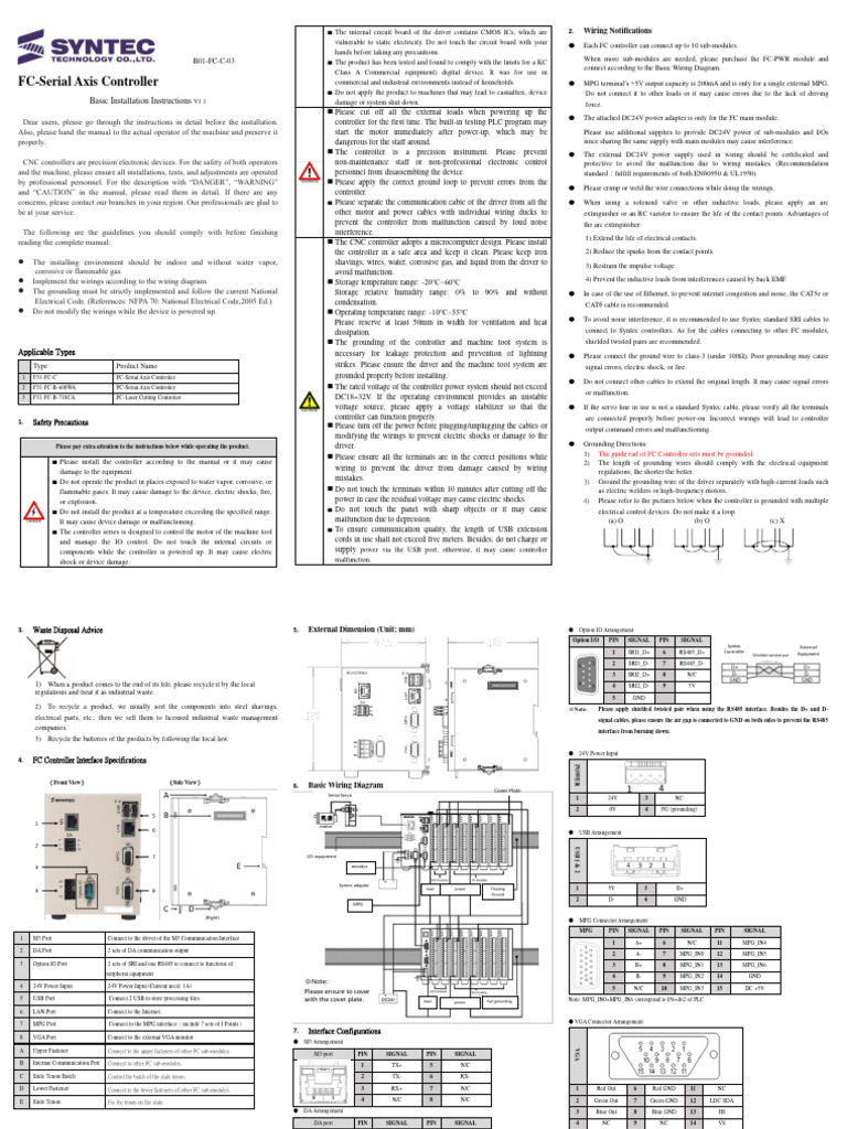 B01-FC-C-03 - FC-Serial Axis Controller Basic Installation Instructions ...