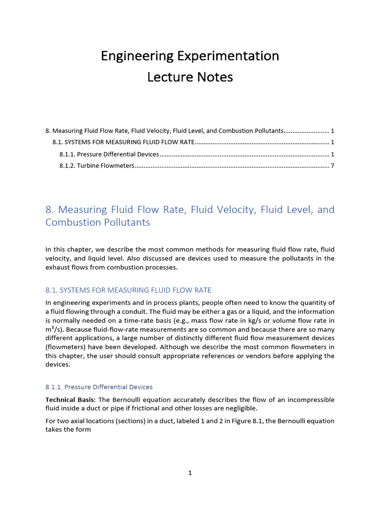 Chapter 8 Measuring Fluid Flow Rate, Fluid Velocity, Fluid Level, and Combustion Pollutants ...