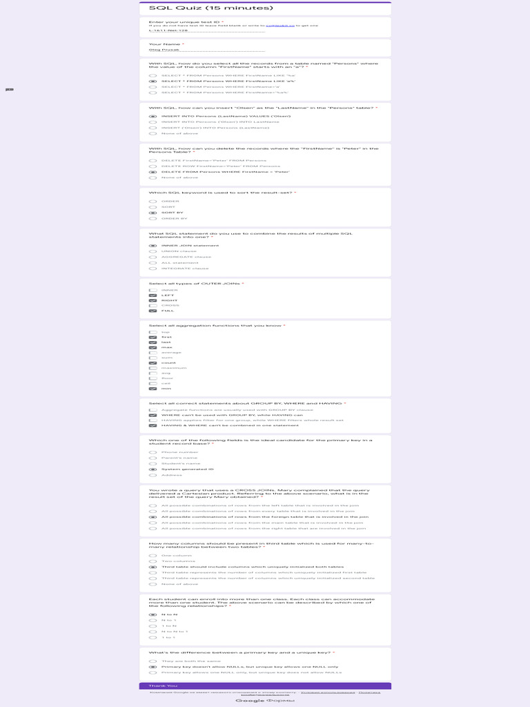 SQL Quiz (15 Minutes) | PDF | Computer Data | Data Model