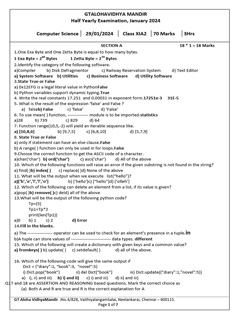 Class XI Computer Science Exam Paper | PDF | Function (Mathematics) | Byte