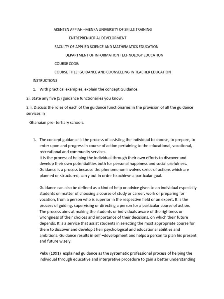 Guidance and Counselling Project Work | PDF | Teachers | School Counselor