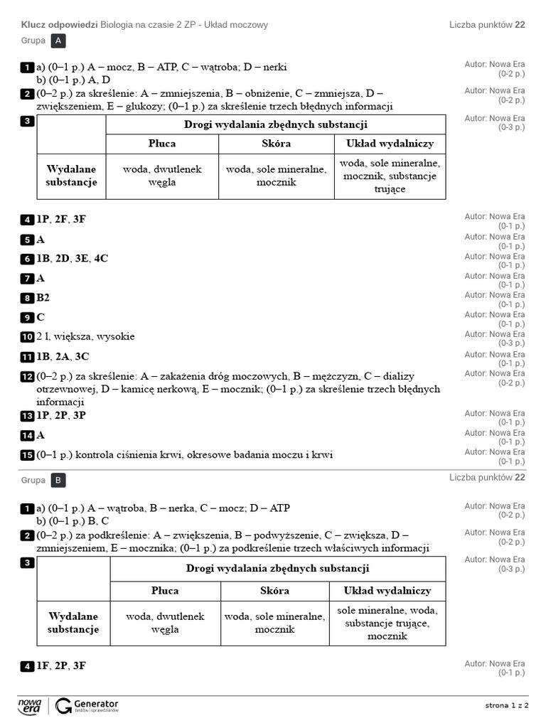 Biologia Na Czasie 2 ZP - Układ Moczowy Klucz Odpowiedzi | PDF