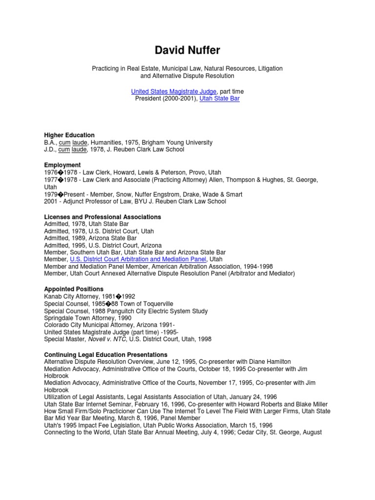 David Nuffer Resume Before Nomination | PDF | Utah | Lawyer