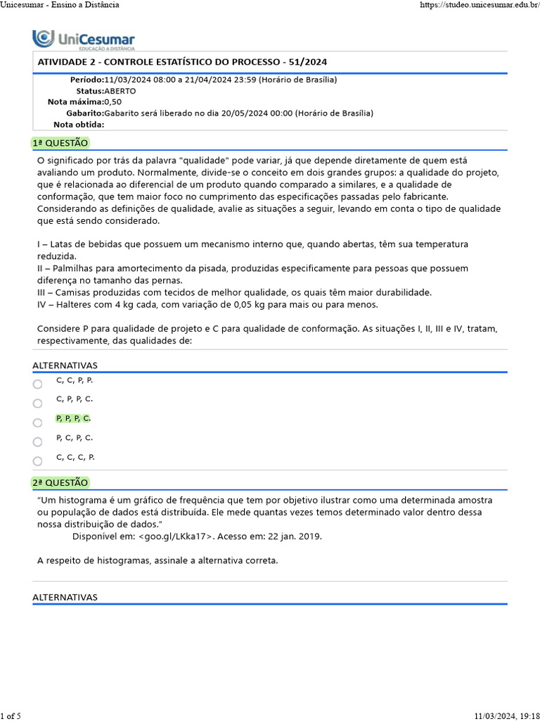 ATIVIDADE 2 - CEP - Resposta | PDF | Histograma