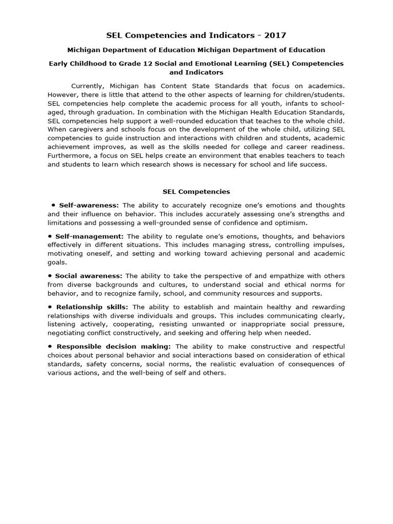 SEL Competencies and Indicators | PDF | Emotions | Goal