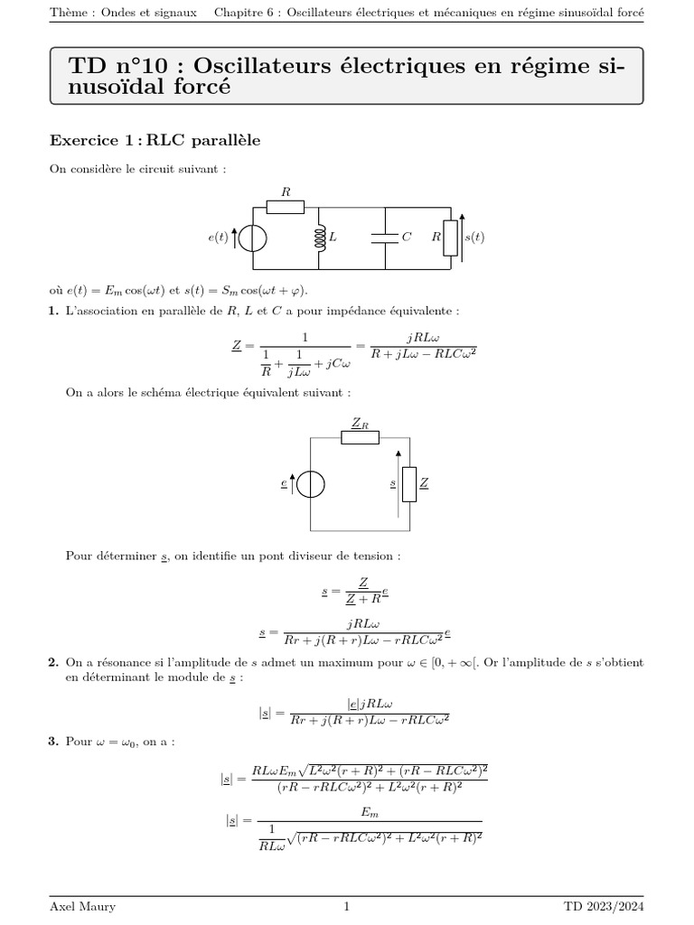 TD8 Oscillateurs Forces Electriques Correction | PDF | Oscillateur (électronique) | Impédance ...