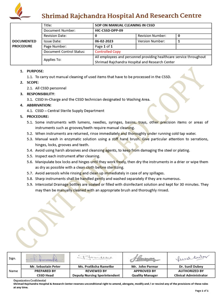 Sop On Manual Cleaning Of Instrument In Cssd Pdf