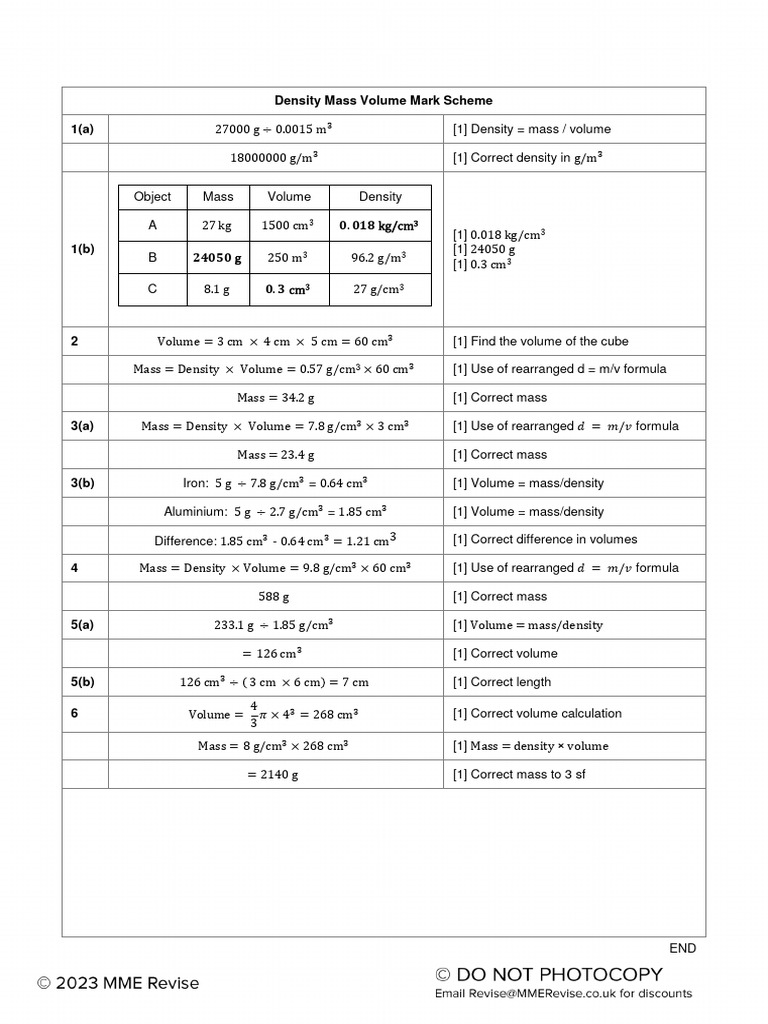 Density Mass and Volume Answers MME | PDF