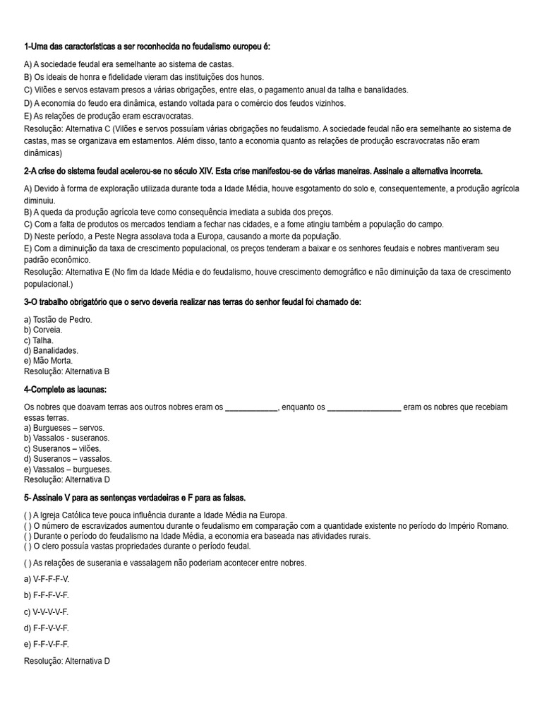 Atividades Feudalismo | PDF | Feudalismo | Servidão