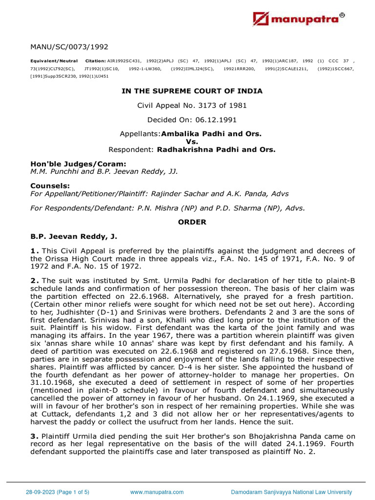 Justice B.P. Jeevan Reddy's Ruling | PDF | Lawsuit | Judgment (Law)