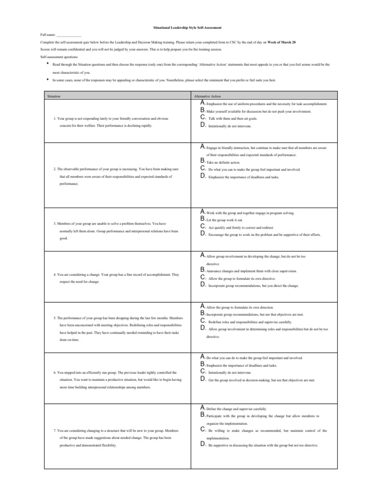 Situational Leadership Self-Assessment | PDF | Leadership | Social ...