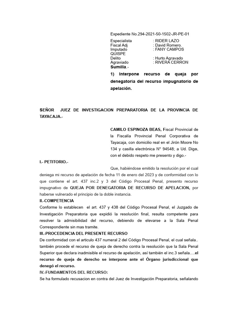 RECURSO DE QUEJA POR DENEGATORIA DE APELACION | PDF | Apelación | Instituciones gubernamentales