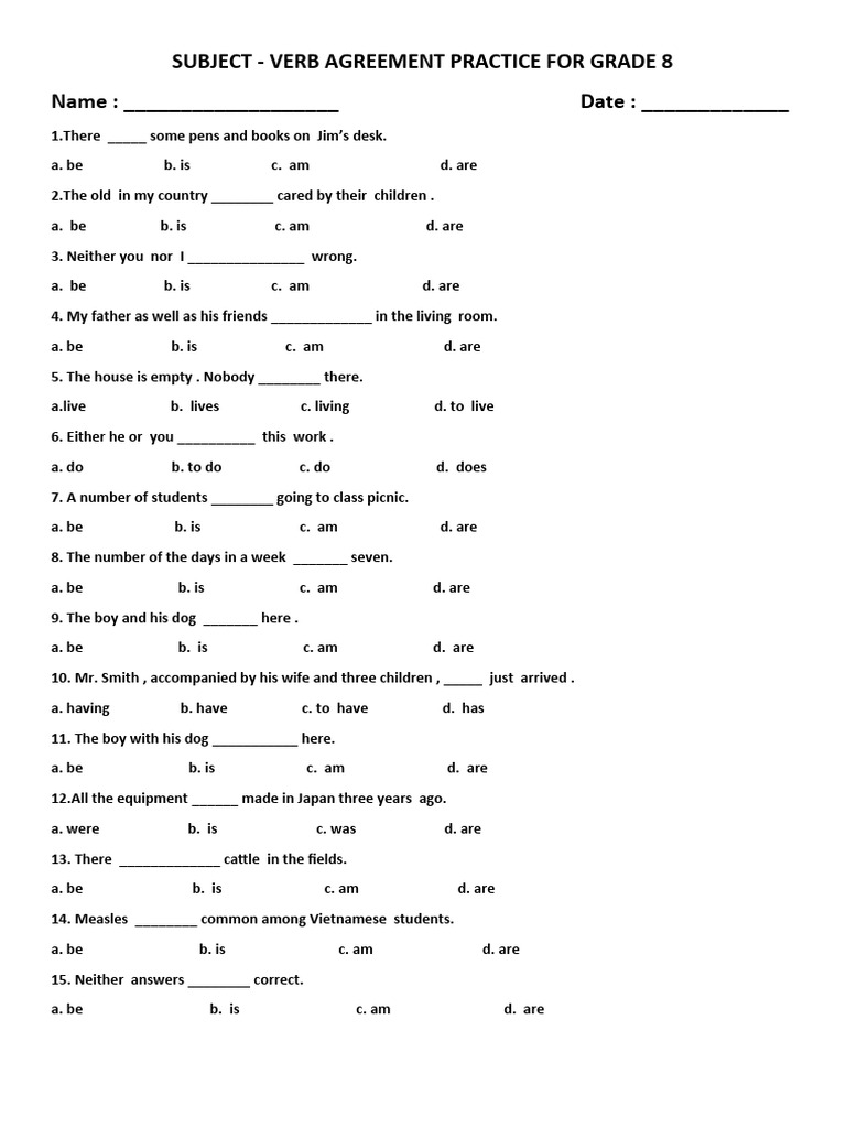 Subject Verb Agreement For Grade 8 | PDF