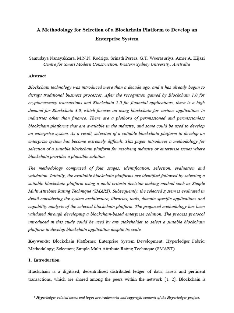 A Methodology For Selection of A Blockchain Platform To Develop An Enterprise System | PDF ...