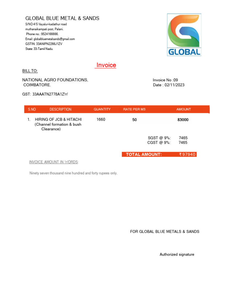 JCB & Hitachi Invoice Format | PDF