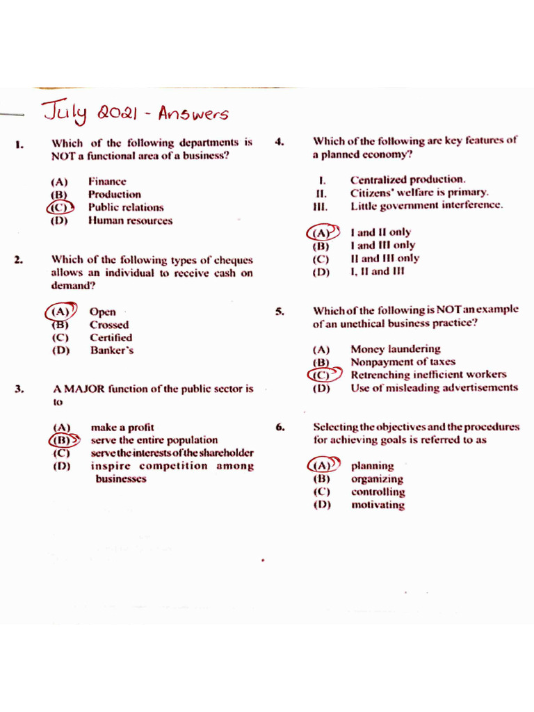 POB July 2021 Answers | PDF