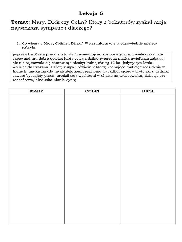 Lekcja 6. Klasa 5g. Mary Colin I Dick. | PDF