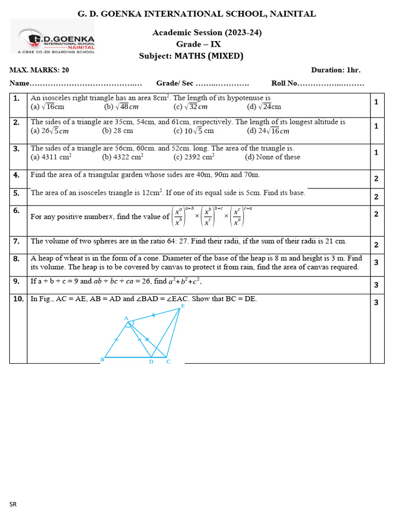 9th Maths Worksheet - 3 | PDF | Triangle | Euclidean Plane Geometry