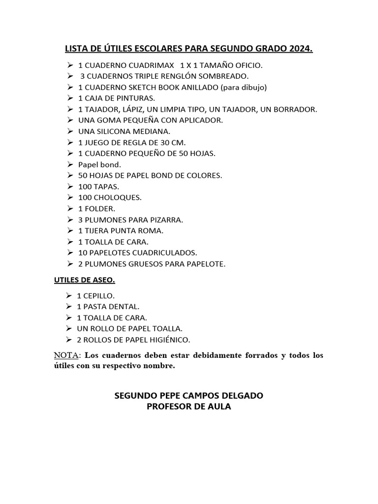 Lista de Útiles Escolares para Segundo Grado 2024 | PDF