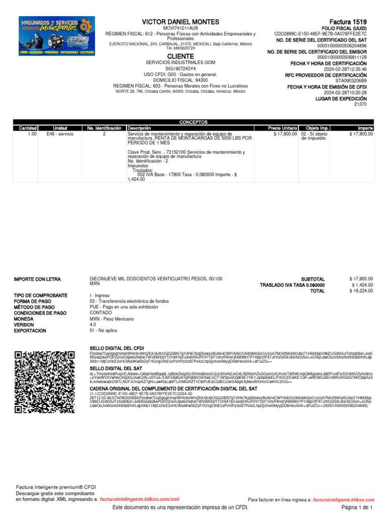 MOVI741211AU9 Factura 1519 | PDF | Economias