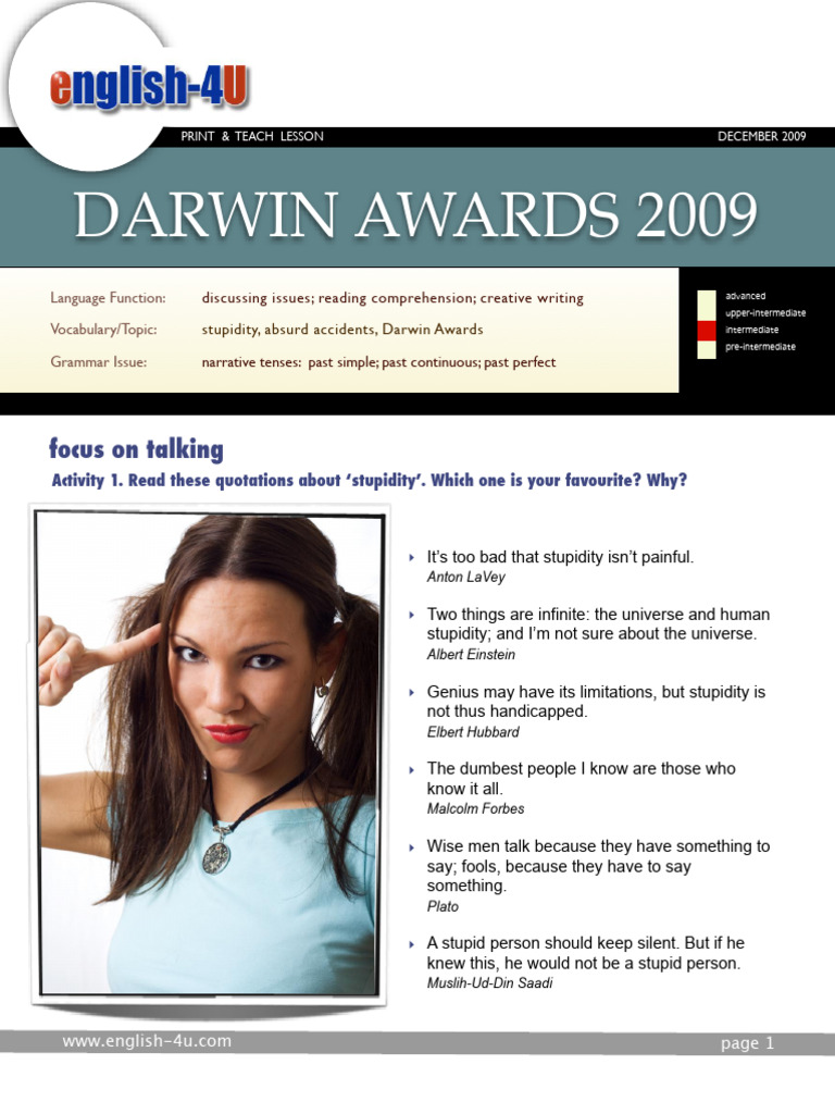 DAR - S Darwin Awards Stupidity Narrative Tenses - Intermediate | PDF