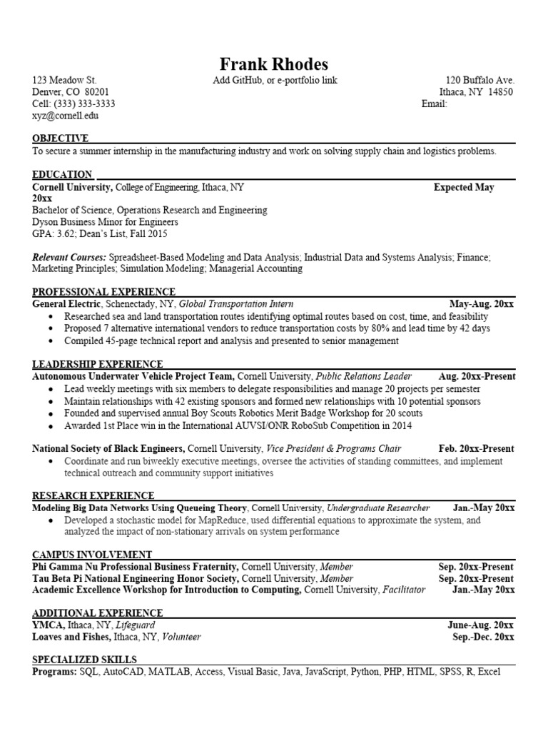 Cornell Dyson Resume Example | PDF | Cornell University | Computing