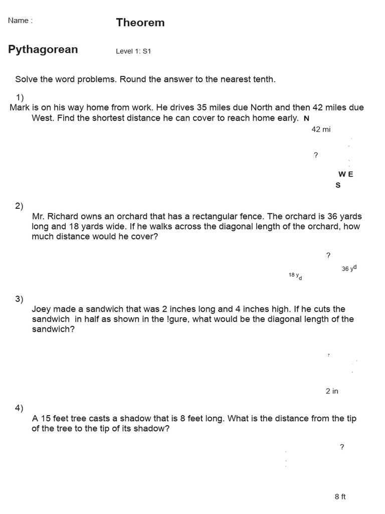 Pythagorean Theorem Customary Word Problem Level1 1 | PDF | Foot (Unit ...