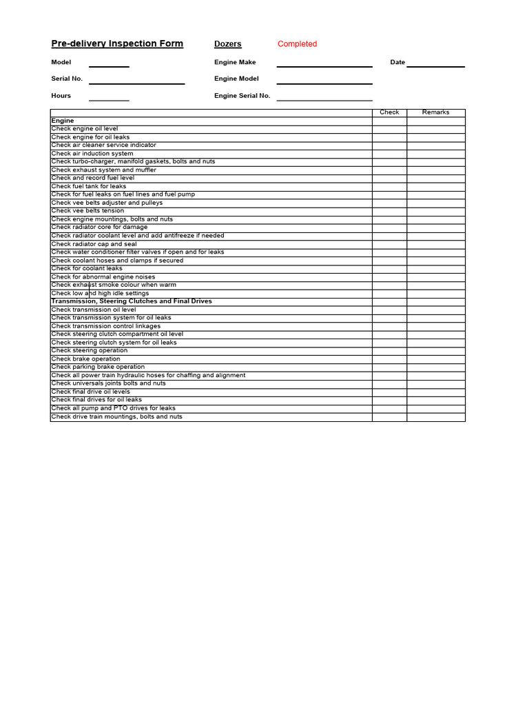 PDI Checklist Master - Dozers | PDF | Vehicle Technology | Mechanical ...