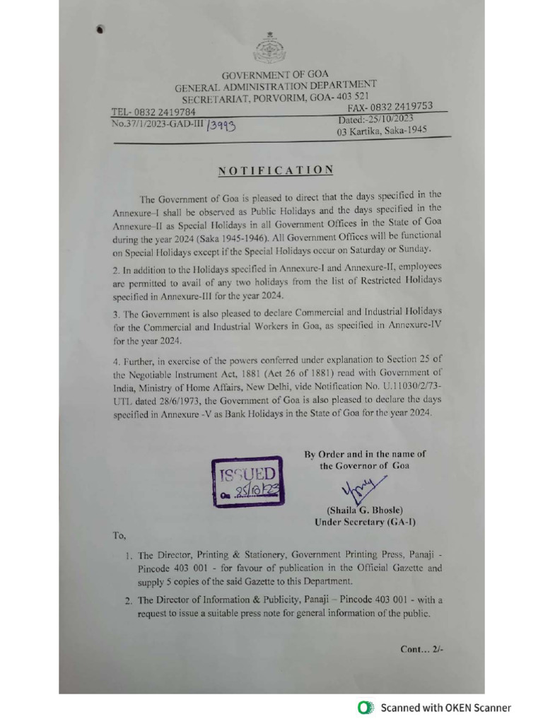 Goa State List of Holidays 2024 | PDF