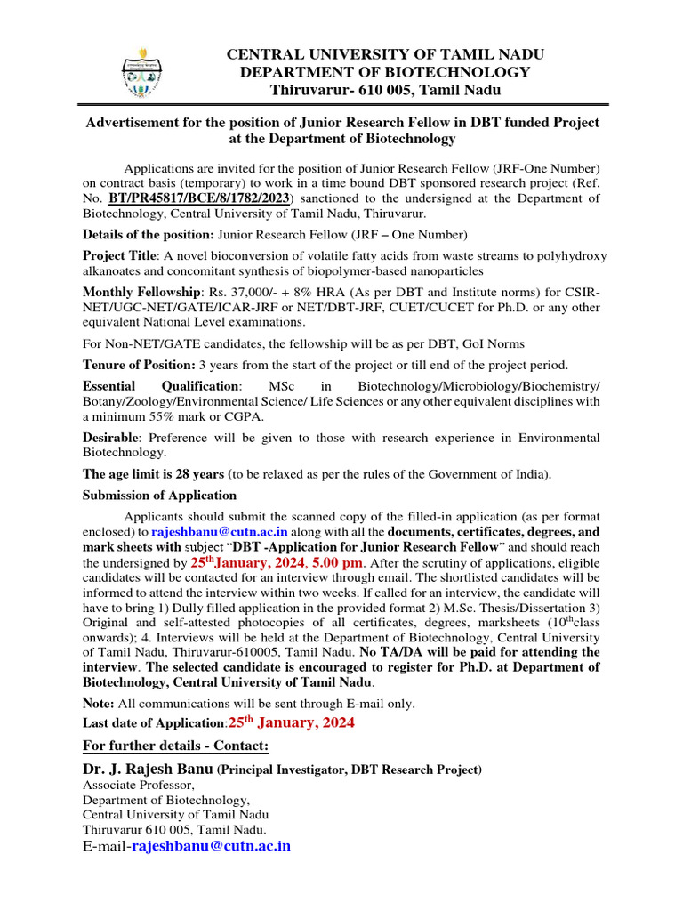 DBT Advertisement for JRF Position 10012024 | PDF