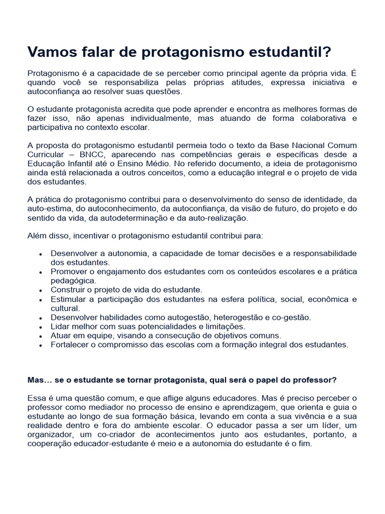 Vamos Falar de Protagonismo Estudantil | PDF | Pedagogia | Aprendizado