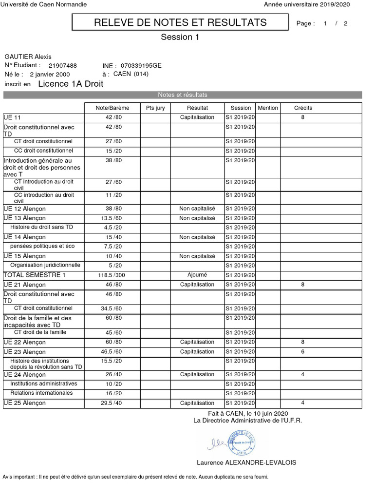 Relevé de Notes Licence Droit | PDF