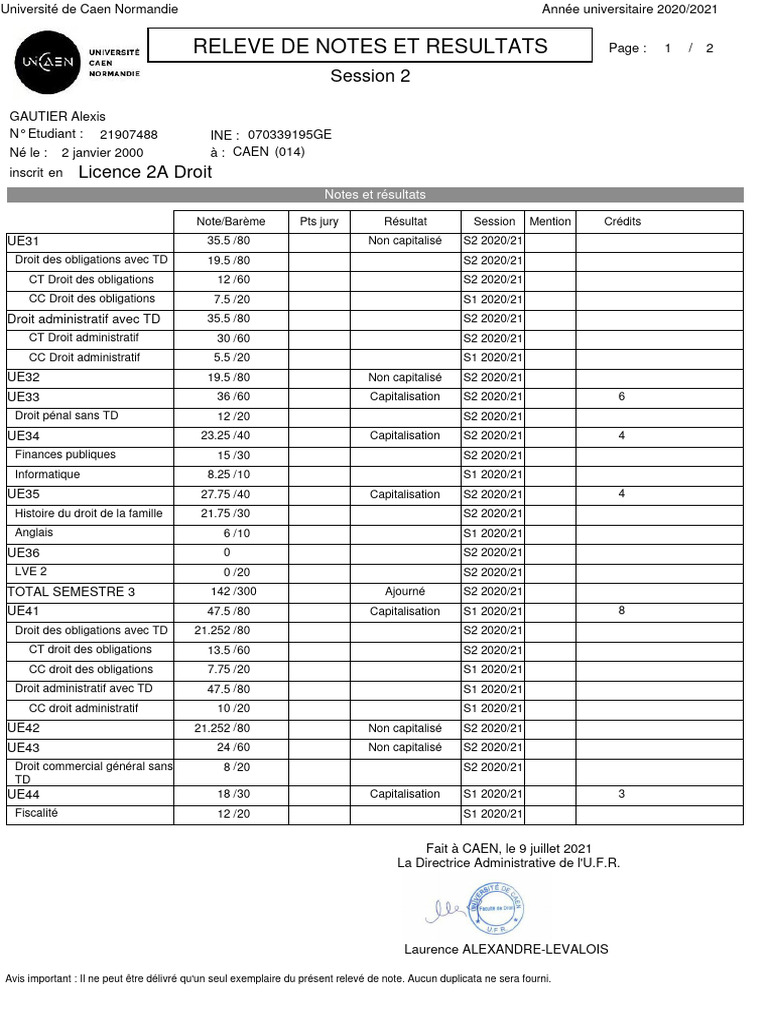 Résultats examens Droit Caen 2021 | PDF