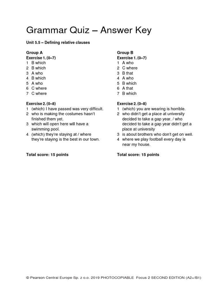 Focus 2 Unit 5 Grammar Quiz Answers | PDF