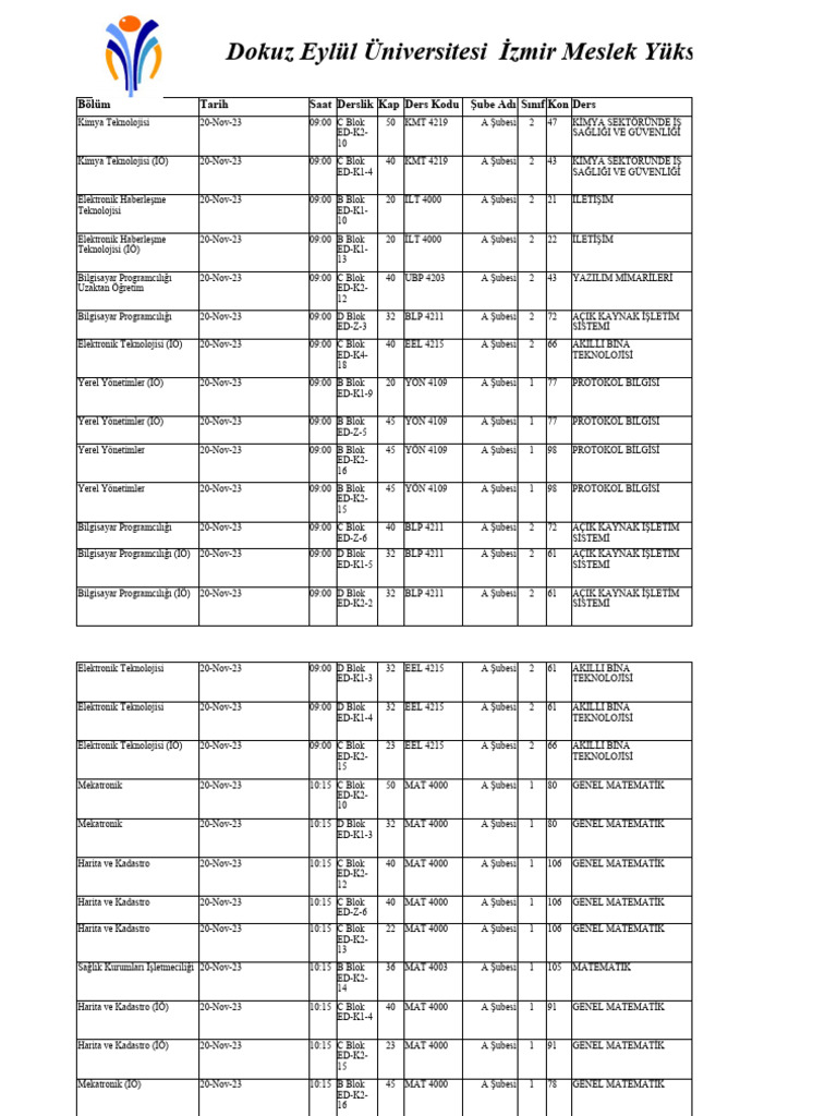 Guncellenmis Sinav Programi 2023 Vize | PDF