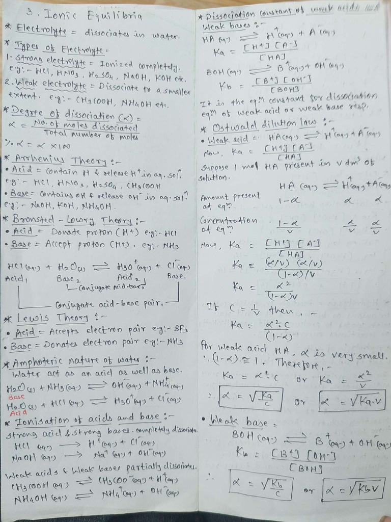 Ionic Equilibria Short Notes | PDF Ionic Equilibria Short Notes | PDF