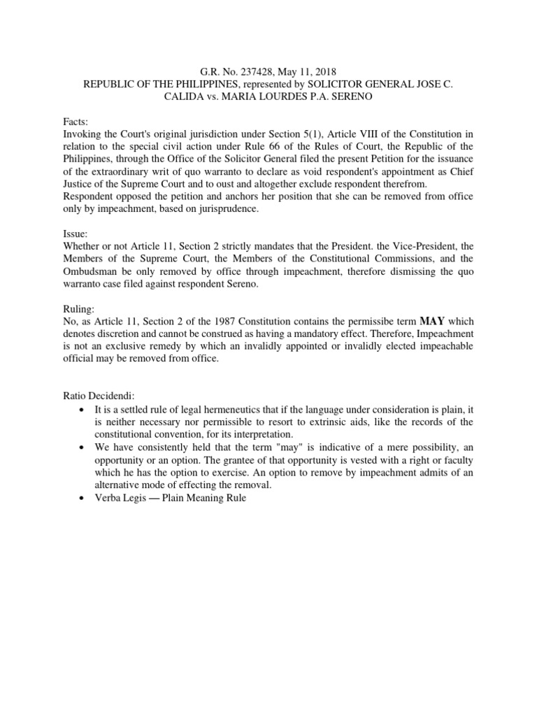 DIGEST — (23) Republic of the Philippines VS Maria Lourdes Sereno | PDF